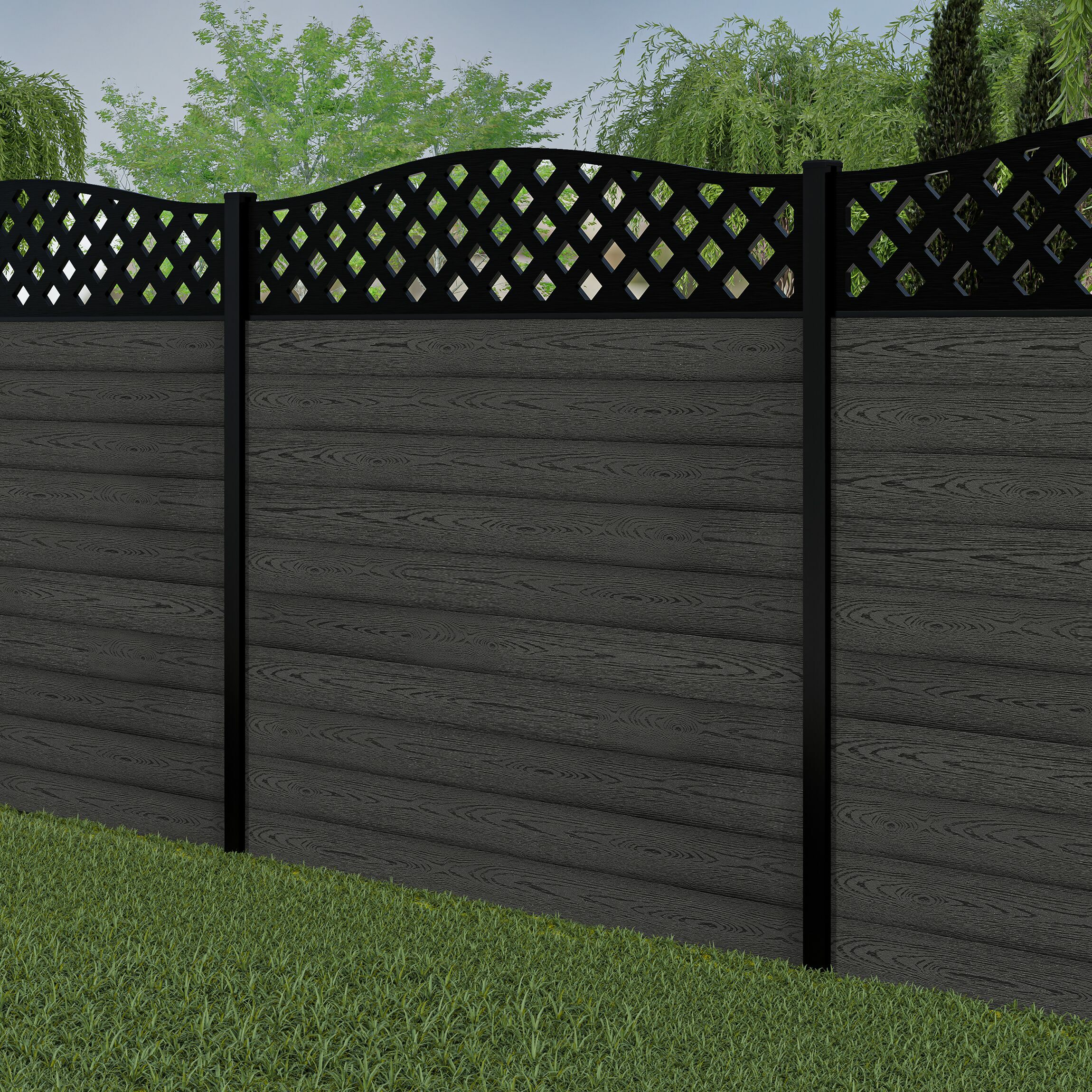 Composite Fence Panel 6ft Dark Grey Curve Top Lattice & Post - Luxeline ...