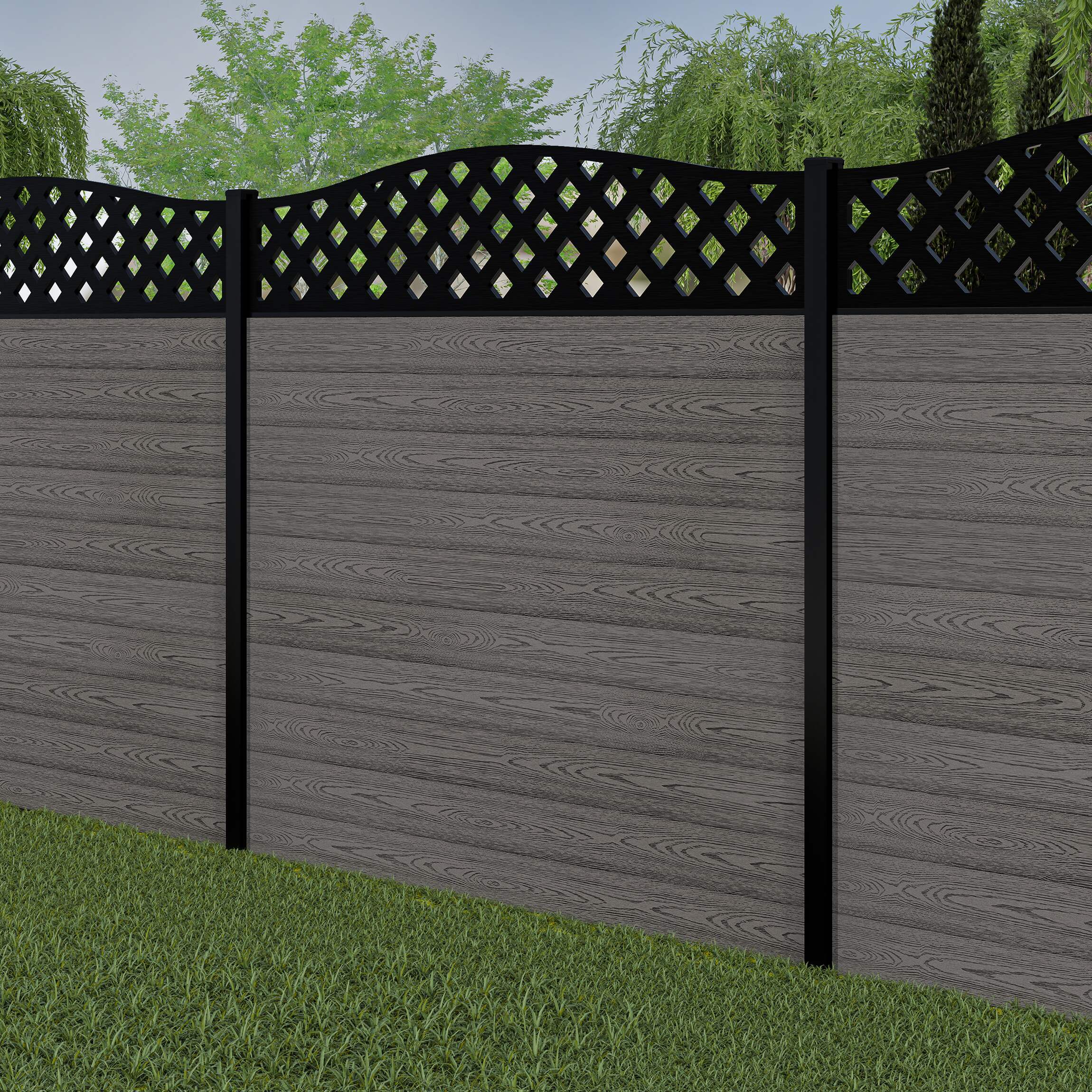 Composite Fence Panel 6ft Light Grey Curve Top Lattice & Aluminium Post ...