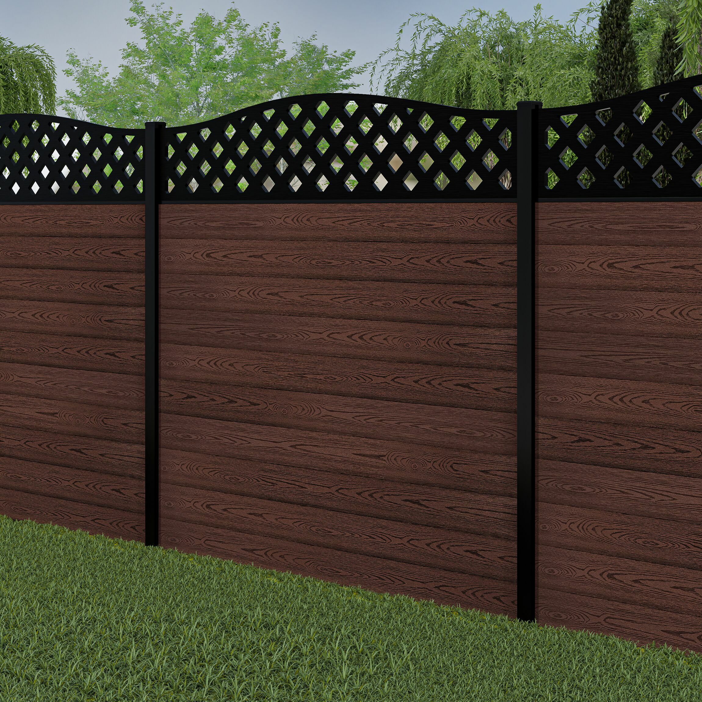 Composite Fence Panel 6ft Walnut Curve Top Lattice & Post - Luxeline ...