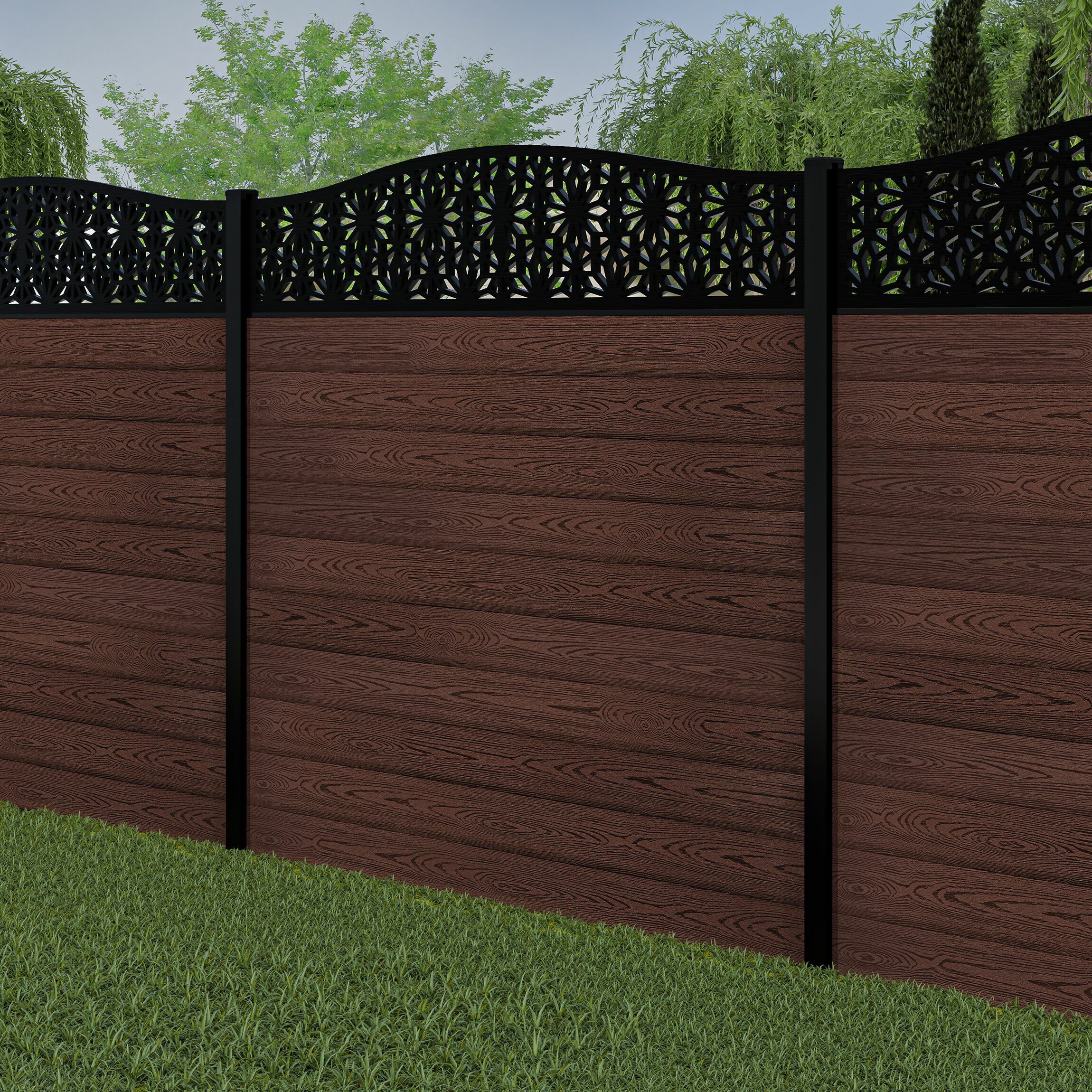 Composite Fence Panel Walnut Curve Top Floral 6ft & Post - Luxeline ...