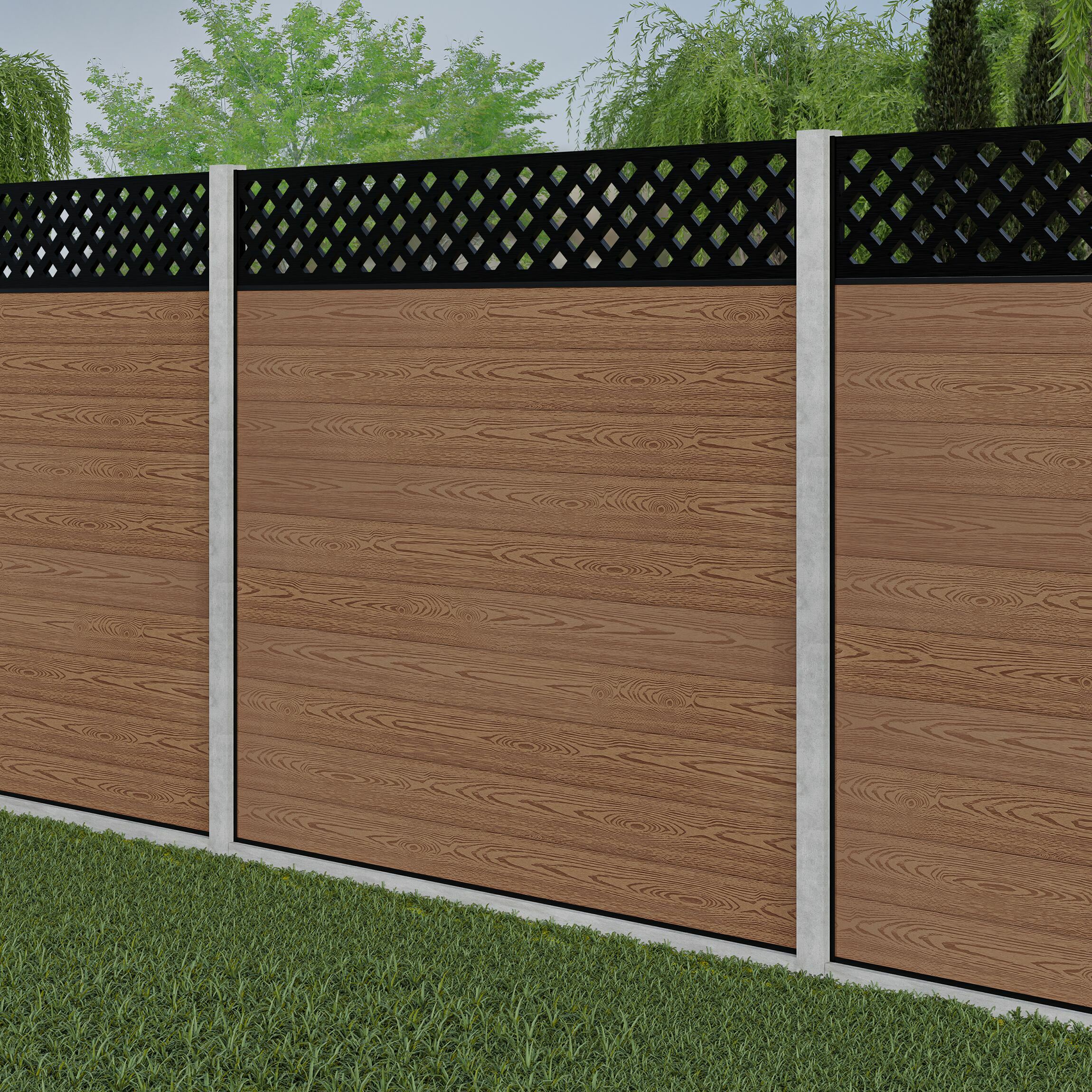 LuxeLine® Straight Top Lattice Teak Composite Fence Panels & Concrete ...