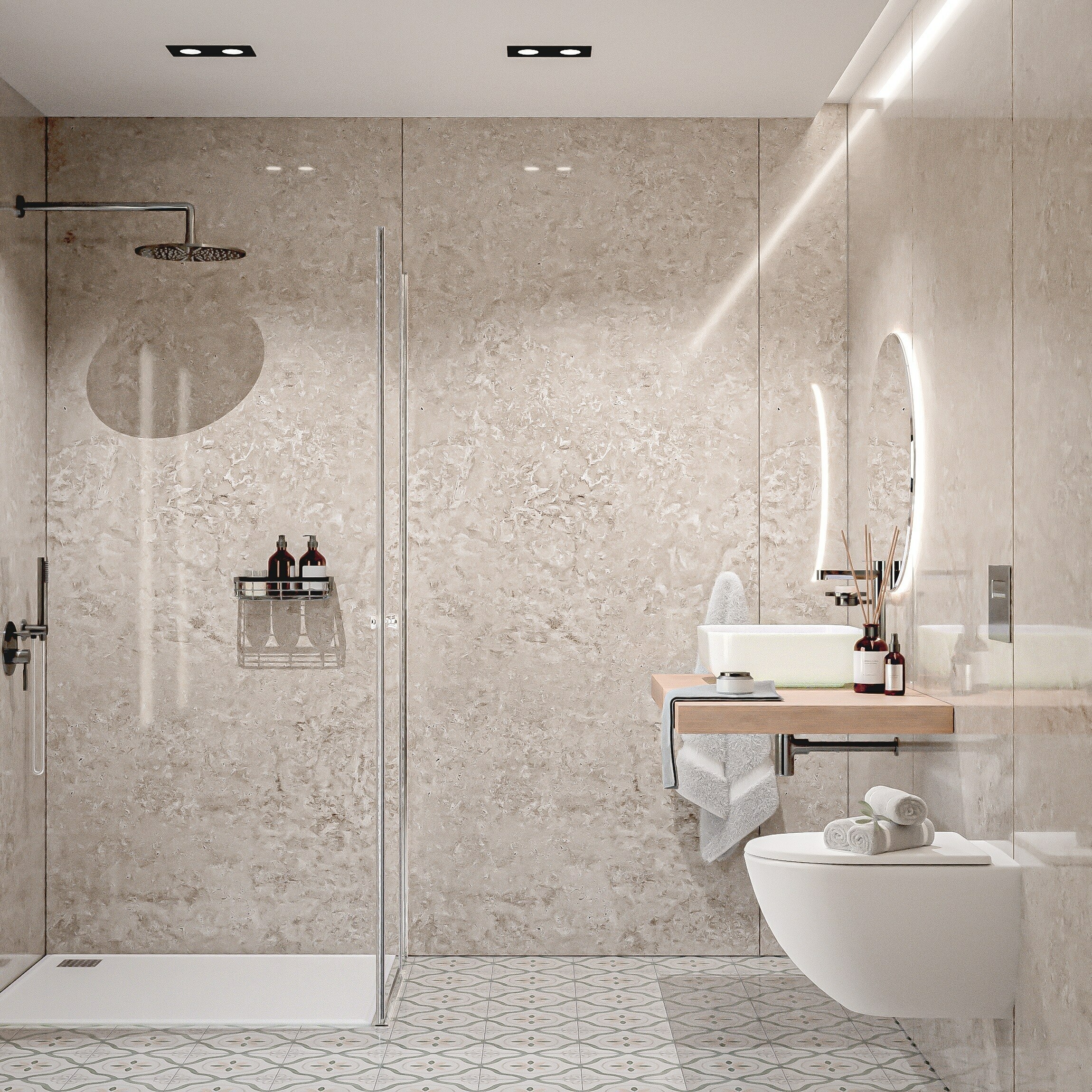 Trepanel Aqua® Gloss Ivory Travertine Effect Shower Panels | Walls & Floors