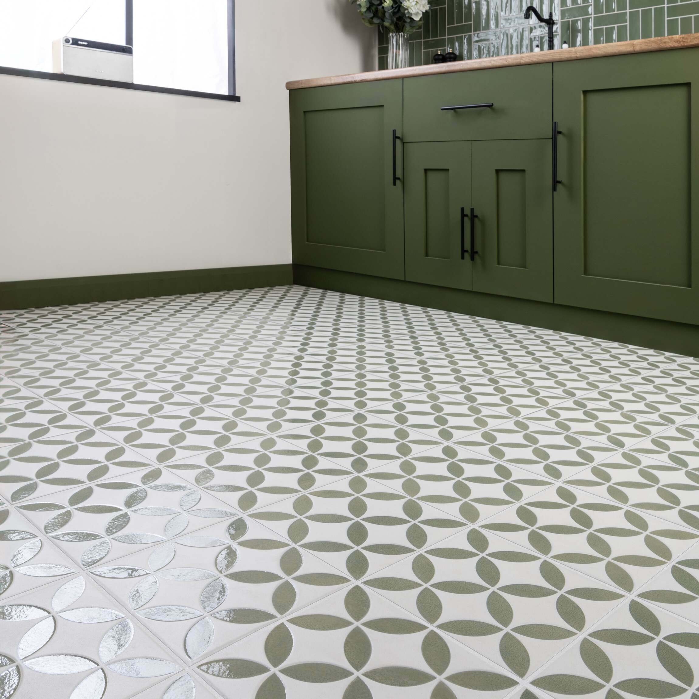 Westminster White & Green Patterned Tiles | Walls and Floors